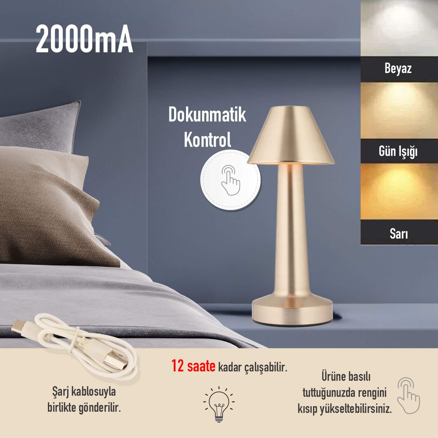 Percy Nikel Şarjlı Dokunmatik Dim Edilebilir 3 Renkli Masa Lambası 2000ma Pil Gücü Ile 7 Saat ...